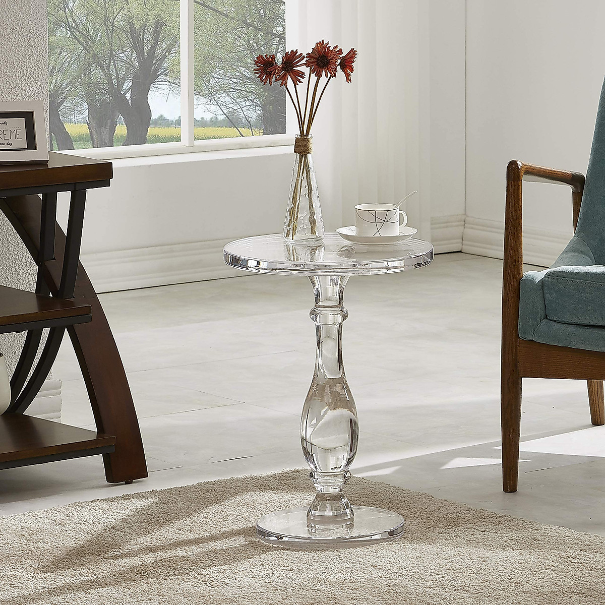 LIKENOW Acrylic End Table,Acrylic Side Table,Modern Nightstand with Clear Small Round Top and Solid Post for Living Room,Bedroom and Lobby 13.5x13.5x19.5 High inches