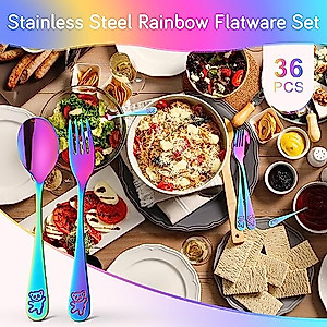 Dandat 36 Pcs Stainless Steel Toddler Utensils, Rainbow Kids Silverware Set Includes Small Kids Spoons and Forks, Metal Kids Cutlery Set, Child Safe Flatware, Dishwasher Safe (UV Rainbow)