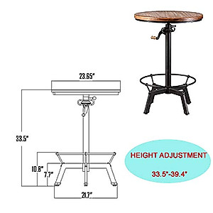 Topower Industrial Pub Table 23.65" Round Wood Top Adjustable Height 33.5"-39.4" with Handle Black Bar Table