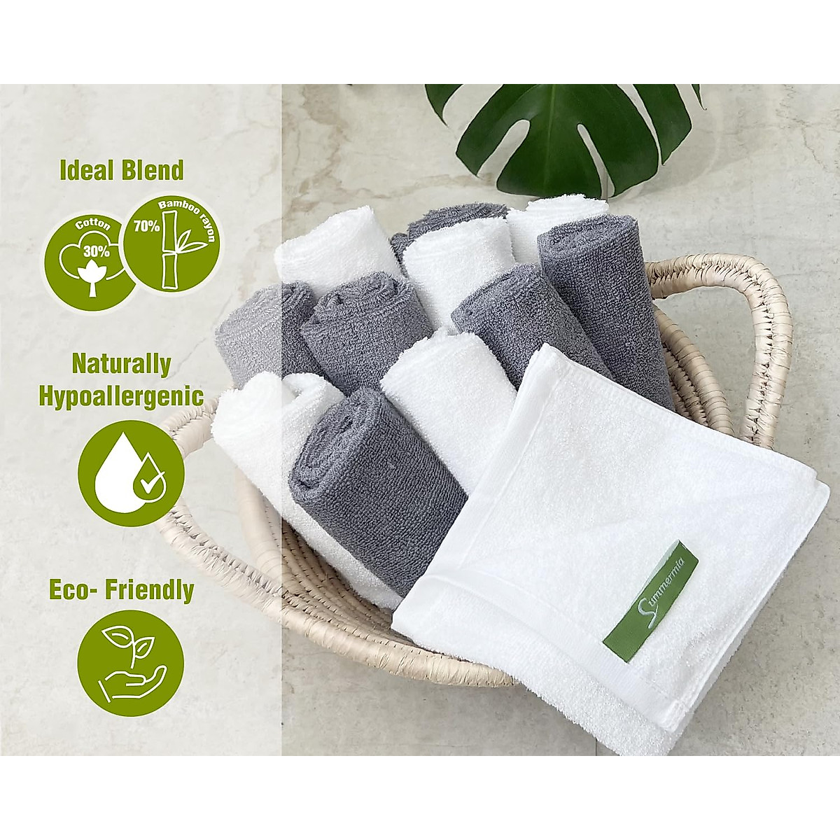 SUMMERMIA 12 Pack Washcloths 13" x 13" - Soft Wash Cloths for Your Face Towel, Wash Cloths for Your Body (White + Gray)