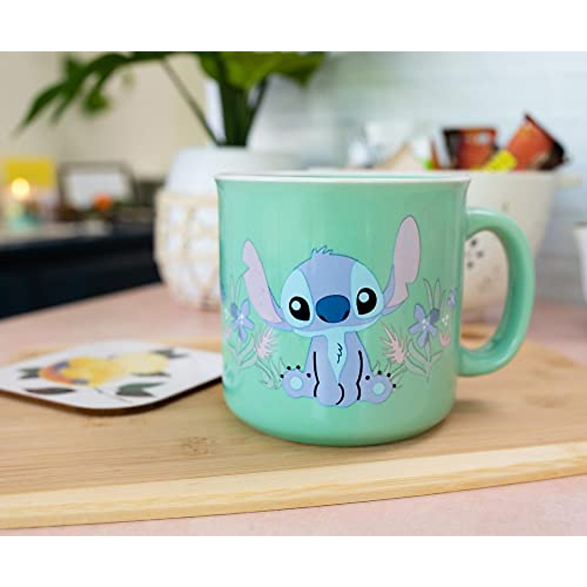 Silver Buffalo Lilo and Stitch Ohana Sitting Floral Ceramic Camper Mug, 20 Ounces, 20oz Ohana Sitting Floral, 20oz