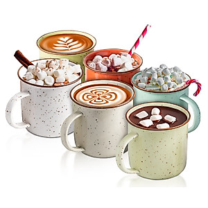 Speckled Campfire Style Mugs - Set of 6-14 oz - Cozy Colors -Coffee Cups - Camping Coffee Mugs - Ceramic | Enamel - Use for Tea/Hot Drinks