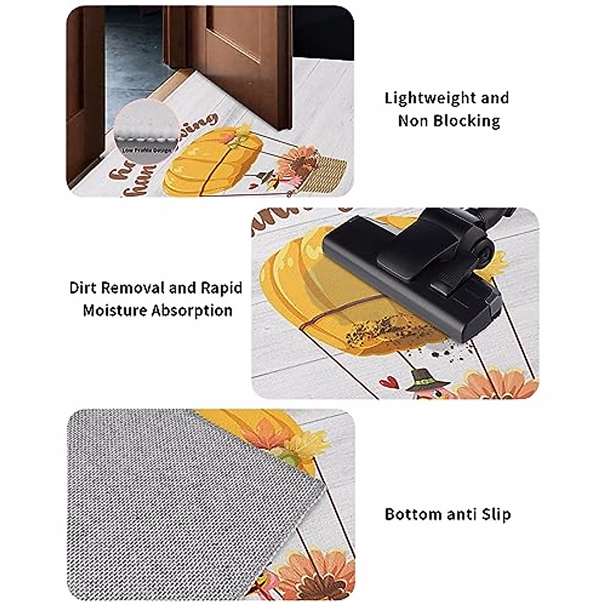 Savannan Floor Mats,Happy Thanksgiving Cartoon Turkey in Pumpkin Shaped Hot Air Balloon Wooden Non Slip Latex Backing Ultrathin Loop Pile Door Rugs for Dining Room Office Home Decor 24"x32"