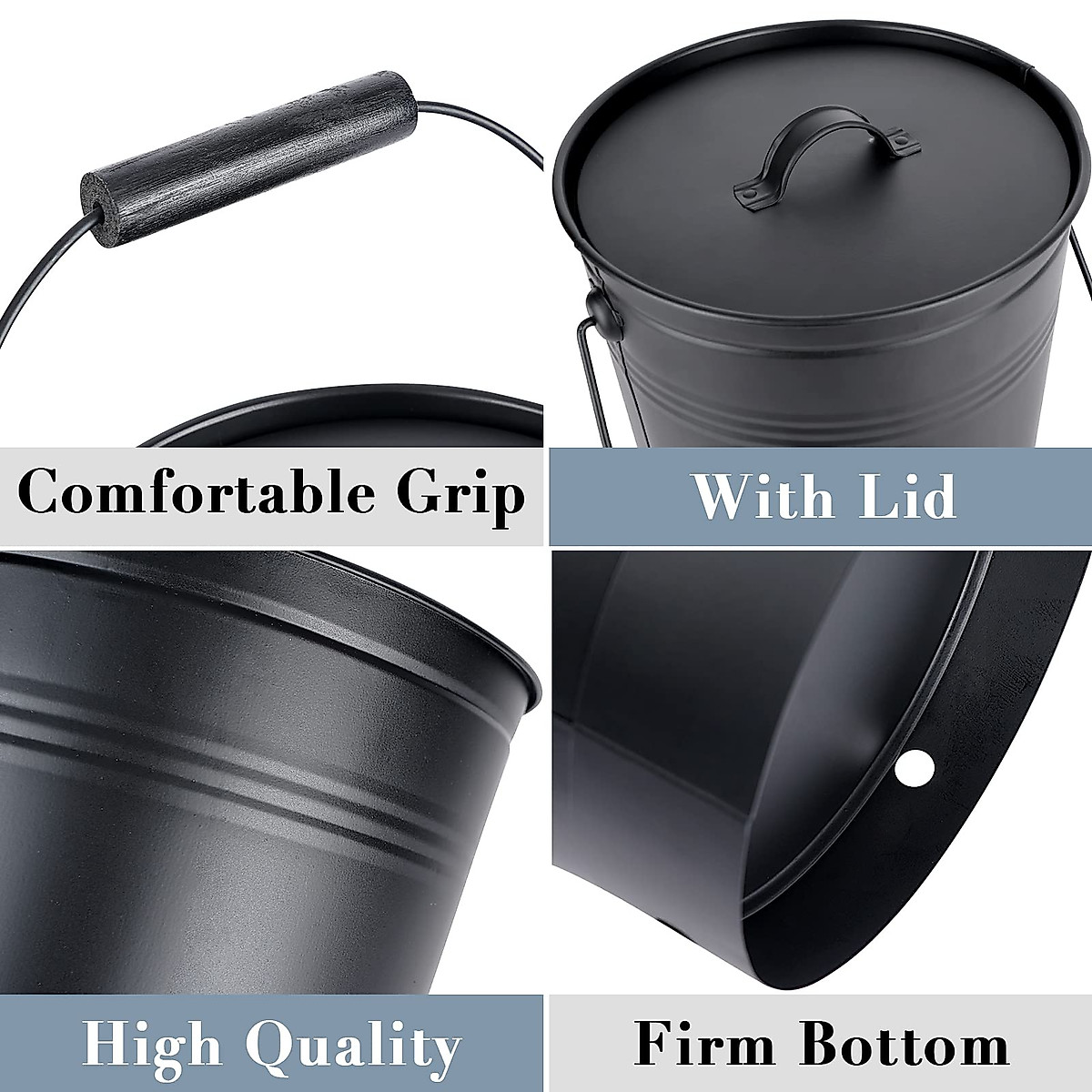 Ash Bucket with Lid and Coal Shovel, Fireplace Metal Bucket, Charcoal Bucket, Ash Can, Galvanized Iron Ash Bucket for Hearth, Fire Pit, Wood Burning Stove, Grill, Black
