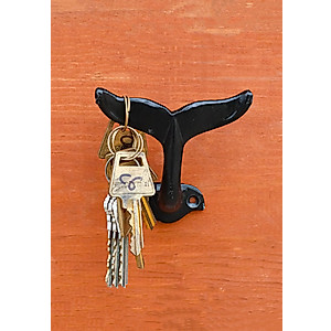 Ebros Set of 2 Cast Iron Rustic Black Coated Finish Nautical Baleen Blue Whale Tail Wall Hook Hangers Coastal Themed Wall Mount Coats Hats Keys Hooks Decor Hanging Fish Whales