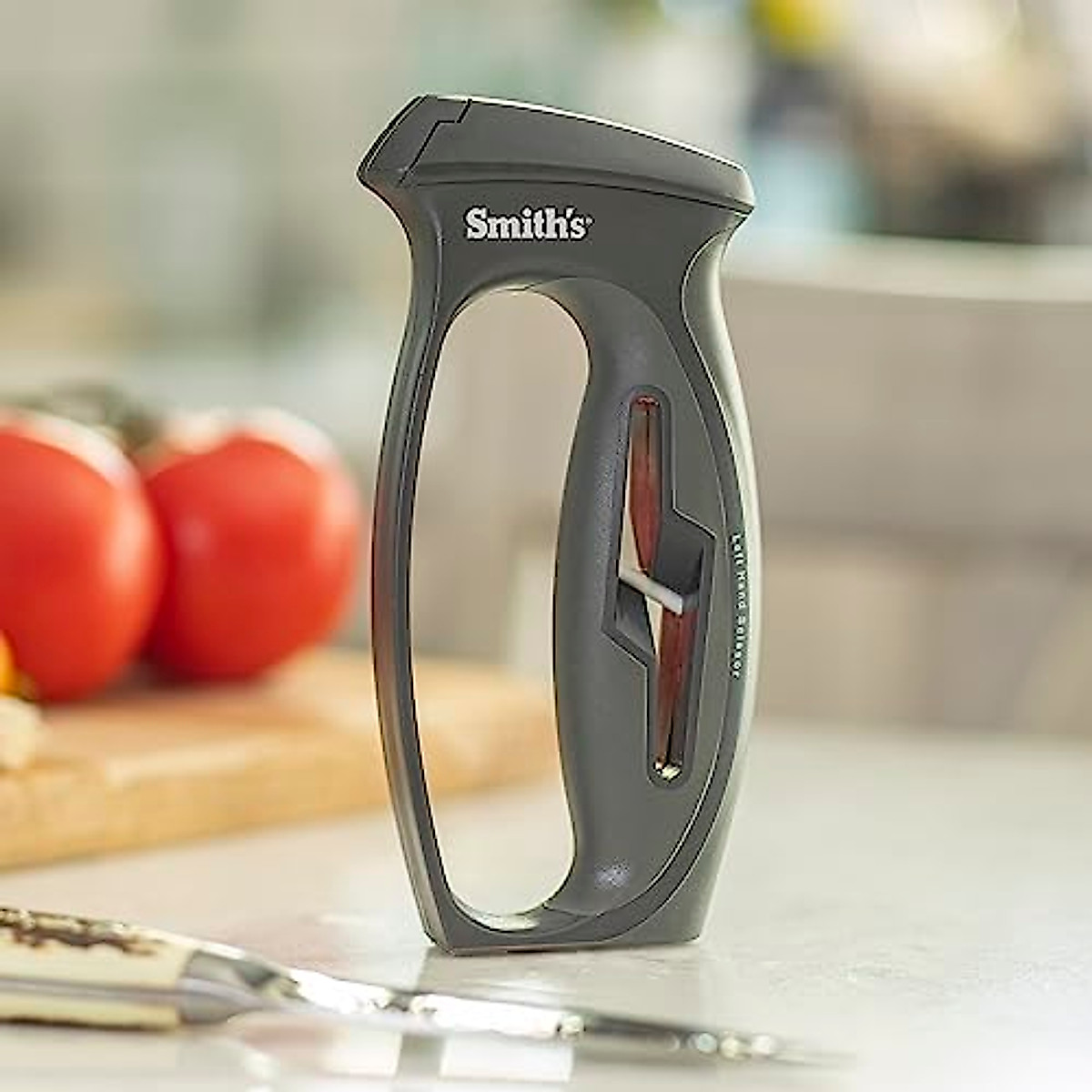 Smith’s 50000 V-Slot Knife & Scissor Sharpener – Straight Blade Sharpening - Large Scissors & Shear Sharpening Slots – Kitchen Tool - Soft Grip Handle – Comfortable Grip