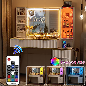 PAKASEPT Fluted Vanity Desk with Mirror and Lights, 47" Big Modern Vanity Desk with Glass Tabletop, Vanity Table with Charging Station, 4 Drawers, Shelves, RGB Glass Cabinet, for Bedroom, White