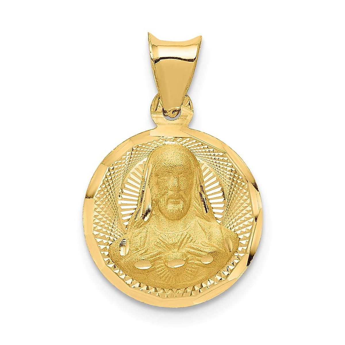 Solid 14k Yellow Gold Polished & Diamond-Cut Sagrado Corazon Circle Pendant