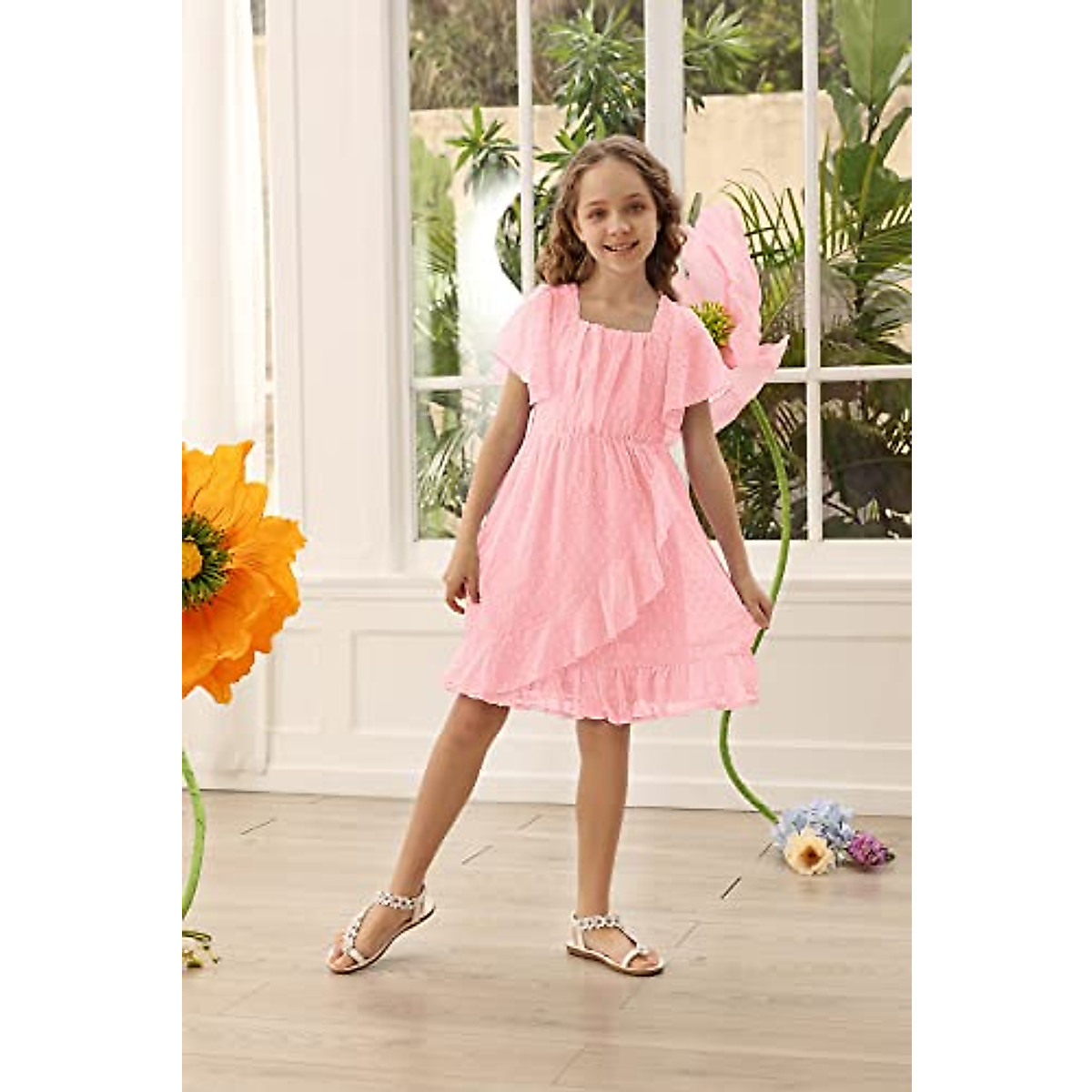 Danna Belle Pink Dresses for Girls Ruffle Hem Flutter Sleeve Casual Dress for Girl Size 7-8