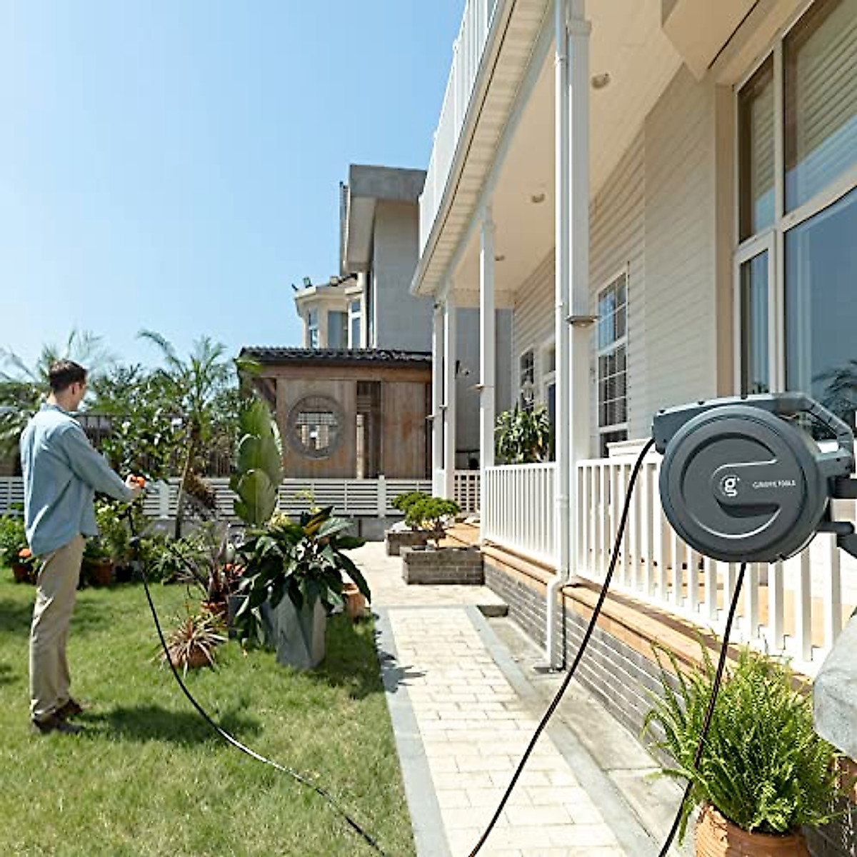 Giraffe Tools AW405/8MB Retractable Hose Reel 5/8 inch x 90 ft PRO Metal Bracket Wall Mounted Garden Hose Reel Heavy Duty with Automatic Rewind, 90ft, Dark Grey