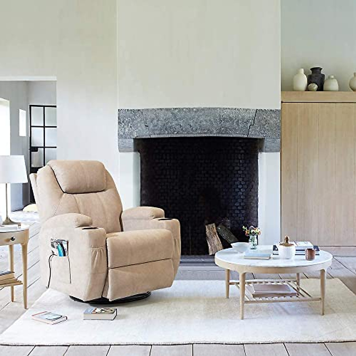 Flamaker Rocking Chair Recliner Chair with Massage and Heating Swivel Ergonomic Lounge Chair Classic Single Sofa with 2 Cup Holders Side Pockets Living Room Chair Home Theater Seat (Beige)