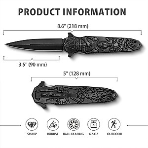 VALHALLA Pocket Folding Knife, Survival Knife With 3D Crusader Relief, Great Gift Edc Pocket Knife For Men Collector Outdoor Camping Hiking Hunting Knife