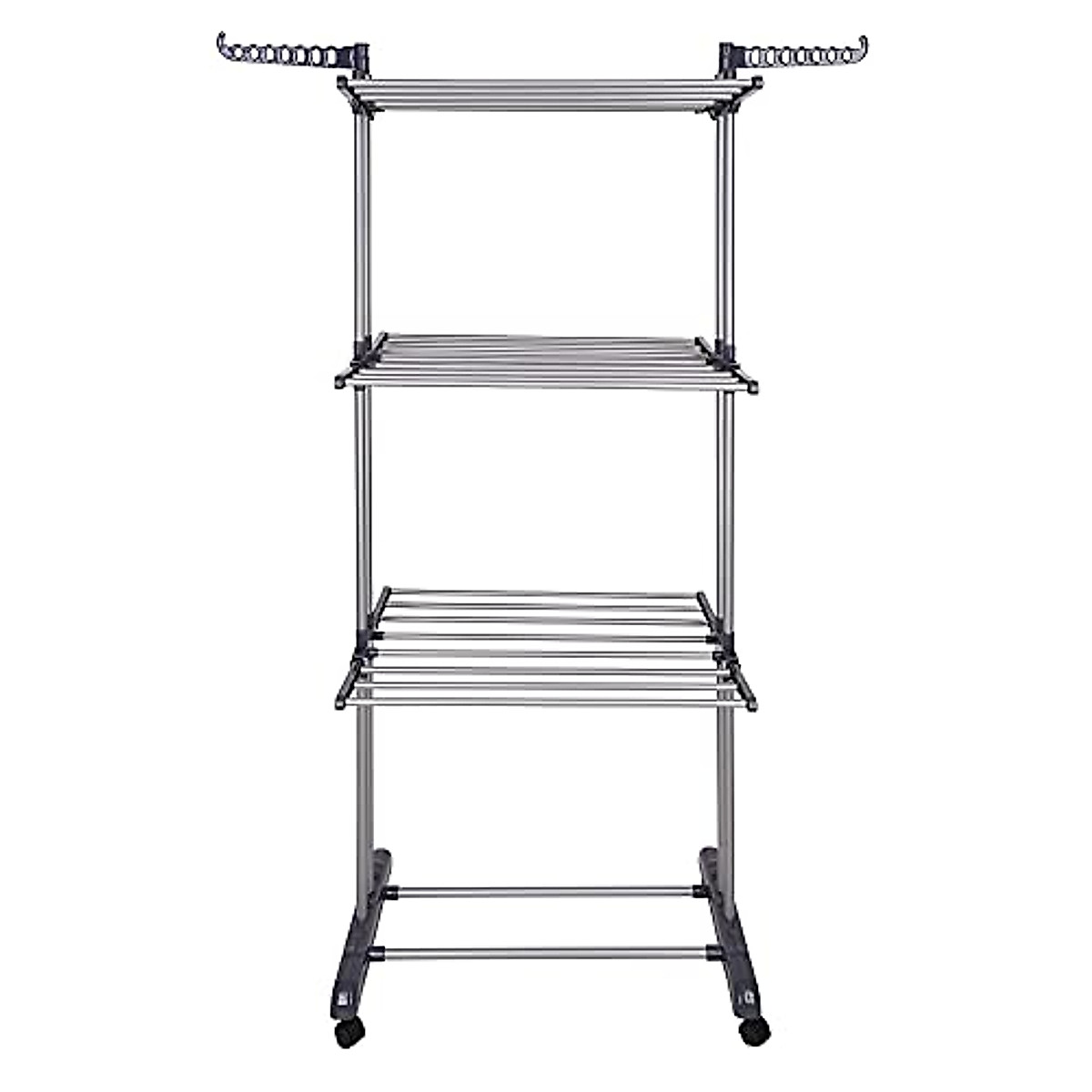 Aquaterior Folding 3 Tier Clothes Drying Rack Rolling Collapsible Garment Laundry Dryer Hanger Stand Rail Indoor Dark Grey