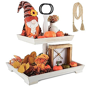 Perfnique Tiered Tray Stand, White Wooden 2 Tier Tray with 58in Wood Bead Garland, Serving Tray, Farmhouse Rustic Home Kitchen Decor, Morden Decorations Set for Shelf Coffee Bar Table (White)