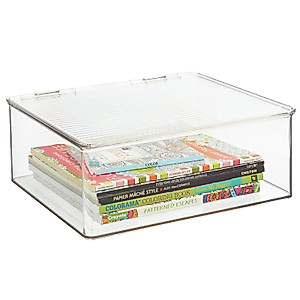 mDesign Plastic Craft Room Stackable Storage Organizer Box Containers with Hinged Lid for Thread, Beads, Ribbon, Glitter, Clay, Sewing, Crochet, Stamps, Scissors, Ligne Collection - 4 Pack - Clear