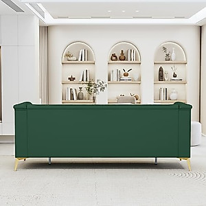 ERYE Mid-Century Modern PU Leather Button Upholstered Chesterfield 3 Seaters Sofa Couch, Golden Legs, Flared Padded Armrest,Removable Cushions Cover for Living Room,Bedroom,Office,Apartment