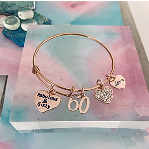 Infinity Collection 60th Birthday Charm Bracelet – Rose Gold Adjustable Bangle with Fabulous & Sixty Charms – Gift for Women – Includes Velvet Jewelry Pouch