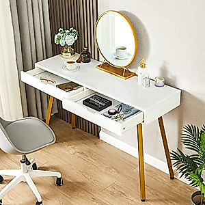 GreenForest Vanity Desk with Glossy Desktop, 39 inch Makeup Desk with 2 Drawers Dressing Table for Girls Women Bedroom Modern White Writing Computer Laptop Desk for Home Office, Gold