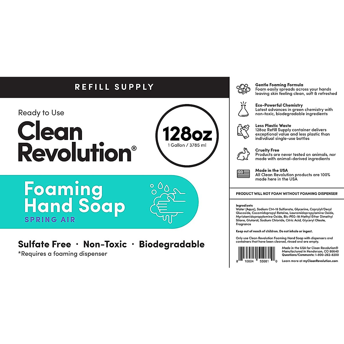 Clean Revolution Foaming Hand Soap Refill Supply Container, Ready to Use Formula, Spring Air Fragrance, Gluten Free, 128 Fl. Oz