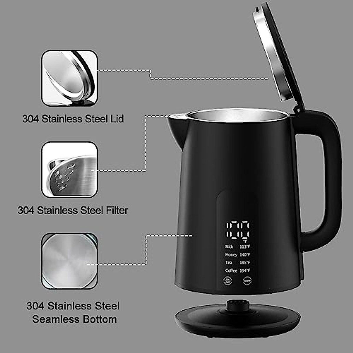 Onlicuf Temperature Control Electric Kettle, 304 Stainless Steel Interior Tea Kettle & Hot Water Boiler with Display, Auto-Off & Boil-Dry Protection, 1.7L, Keep Warm, Fast Boiling, BPA Free.