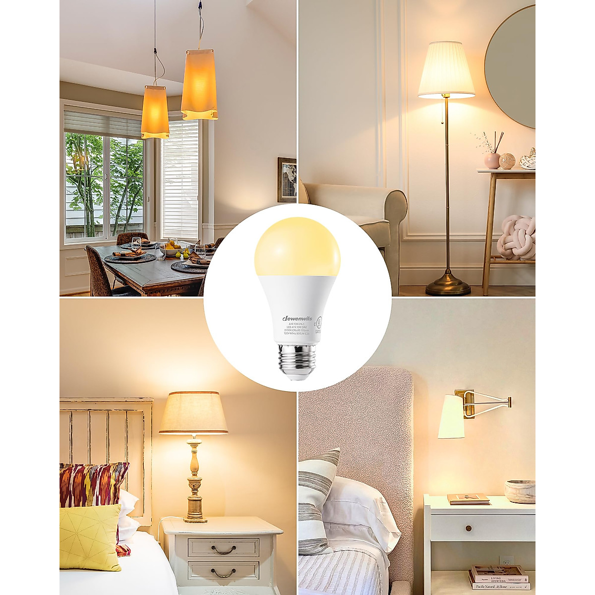 DEWENWILS 4-Pack Dimmable LED A19 Light Bulb, 800 Super Bright, 2700K Soft Warm Light Bulb, 10W (60 Watt Equivalent) LED Bulb, E26 Medium Screw Base, UL Listed