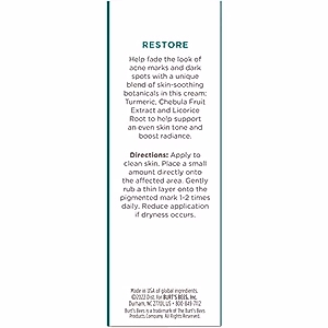 Burt’s Bees Post Acne Mark Cream for All Skin Types, Gentle Dark Spot Correcting Cream for Face, Formulated with Turmeric, 0.5 Oz.