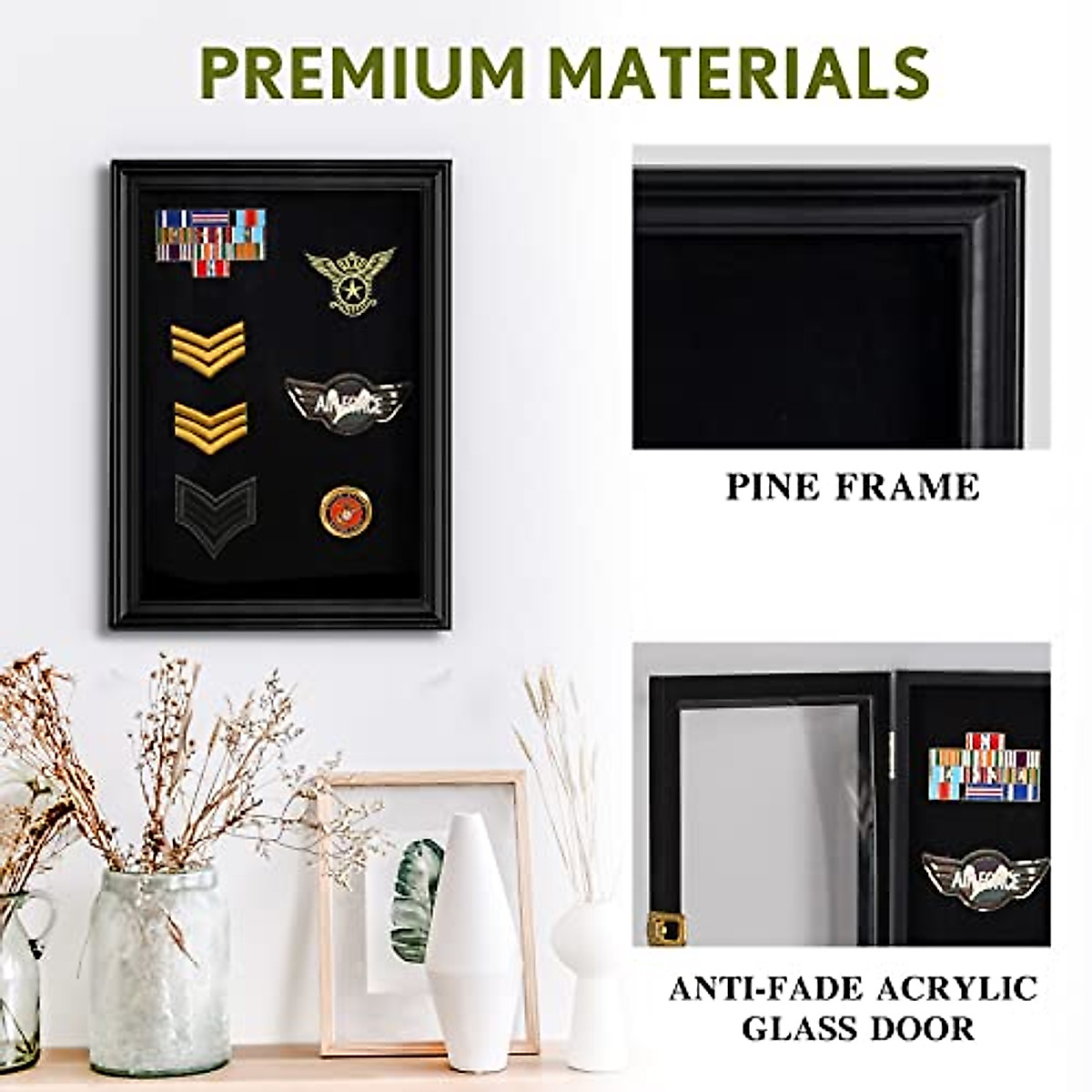 ARRAWIS Pin Display Case 11"x15" Solid Wood Pin Collection Display Shadow Box with UV Protection Acrylic Glass Door for Military Badges, Medals, Pin Enthusiast Collectibles (Black)