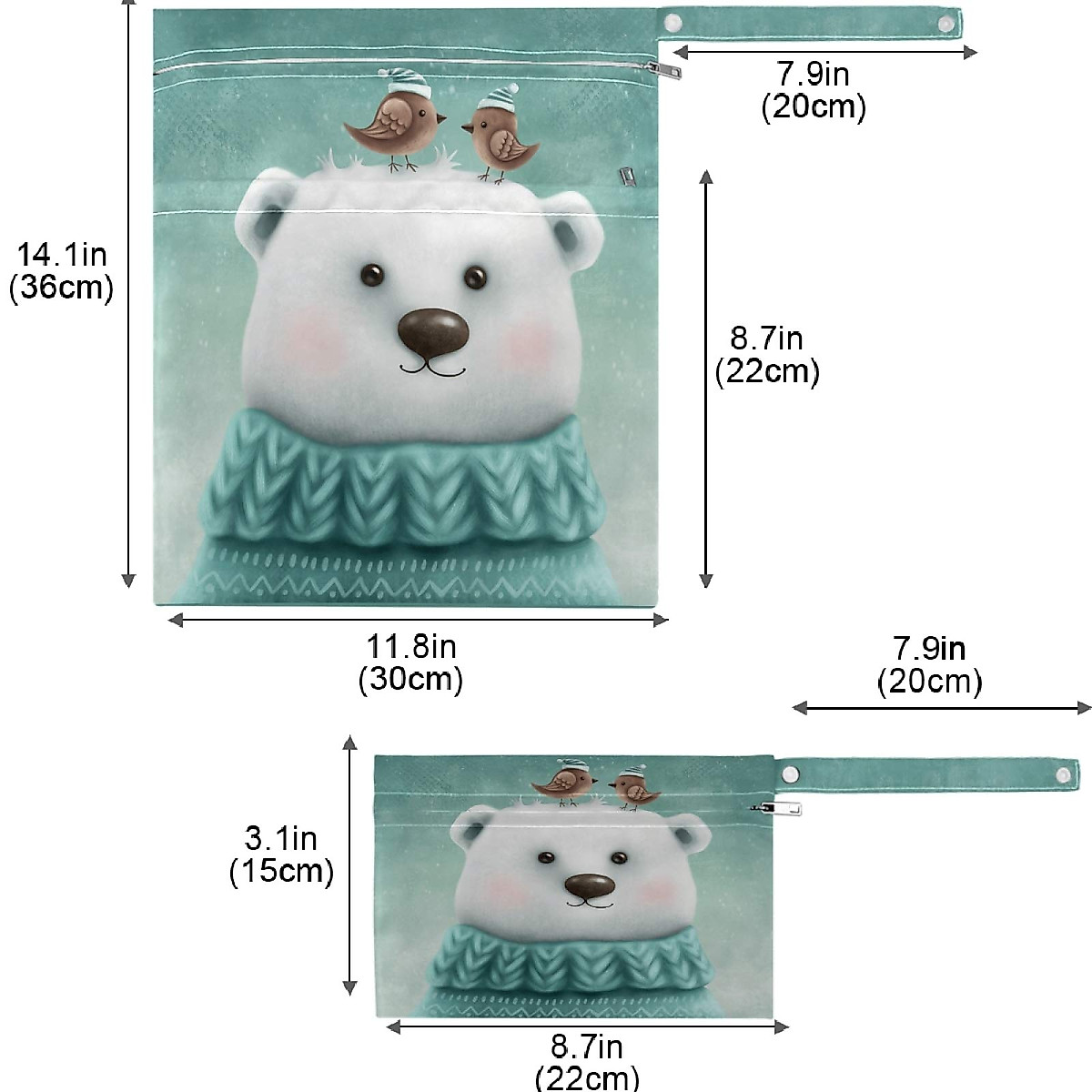 visesunny Bear with Two Bird Animal 2Pcs Wet Bag with Zippered Pockets Washable Reusable Roomy for Travel,Beach,Pool,Daycare,Stroller,Diapers,Dirty Gym Clothes, Wet Swimsuits, Toiletries