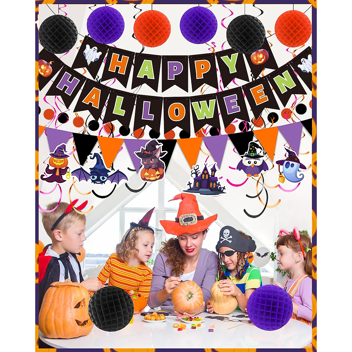 Happy Halloween Banner Halloween Party Decorations Indoor, Paper Pom Poms Triangle Flag Halloween Sign Hanging Garland Swirls Halloween Streamers for Trunk or Treat Decorations