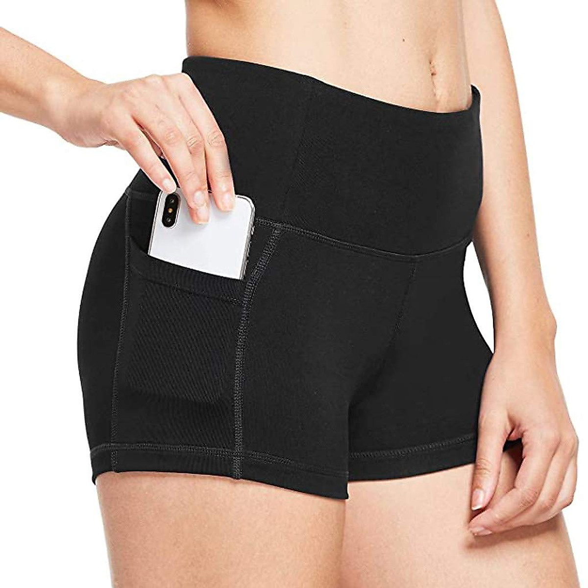 FONMA Women High Waist Shorts Yoga Pants Side Cell Phone Pockets Sports Leggings Pants Black