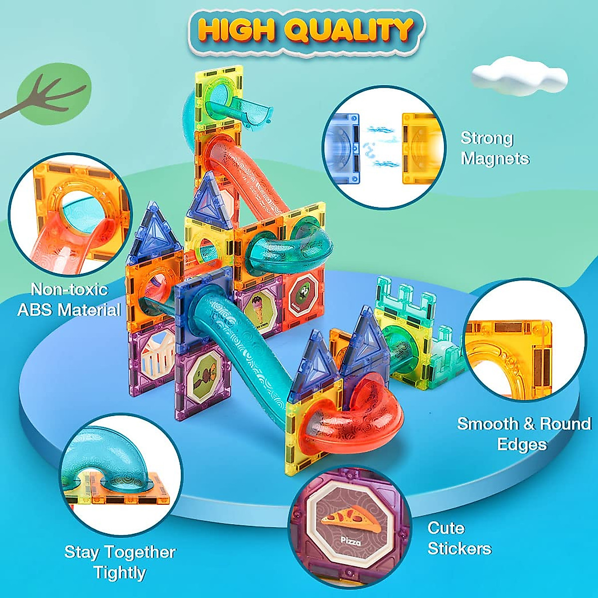 Lekebaby Magnetic Tiles Marble Run Race Track Magnet Building Block for Kids 110 Pieces STEM Learning Construction Toys Gifts for Boys Girls Age 3 and Up