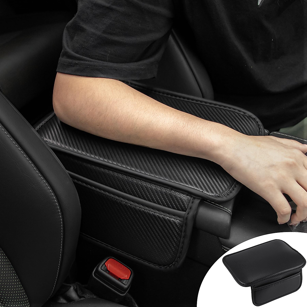 Amiss Auto Center Console Pad, Carbon Fiber PU Leather Armrest Storage Box Cover with Pockets Storage Bag, Car Interior Accessories, Universal Car Armrest Cushion for Most Vehicle, SUV, Truck (Black)