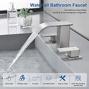 Brushed Nickel Bathroom Faucet 3 Hole, OMEKNTOP 8 Inch Waterfall Bathroom Faucet with Overflow Pop Up Drain and cUPC Hose, Two Handle Bathroom Sink Faucet for Basin Lavatory Vanity