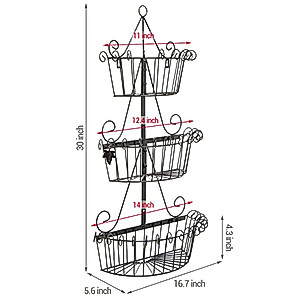 MyGift Wall Mounted Black Metal Fruit Basket, 3 Tier Hanging Shelf Produce and Vegetable Storage Rack with Scrollwork Design