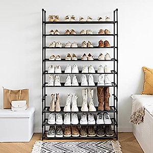 Camabel 10 Tiers Shoe Rack Capacity 130lbs for 60 Pairs Stackable Narrow Expandable Non-Woven Fabric Shoe Storage Organizer Cabinet Tower Shelf Space Saving Assembly High Shoes Black BG361