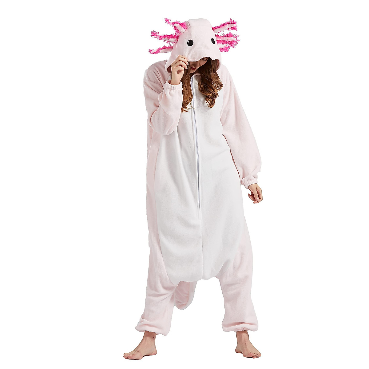 DELEY Unisex Axolotl Onesie, Adult Animal Cosplay Costume Plush Homewear Sleepwear Jumpsuit Pink Axolotl Pajamas