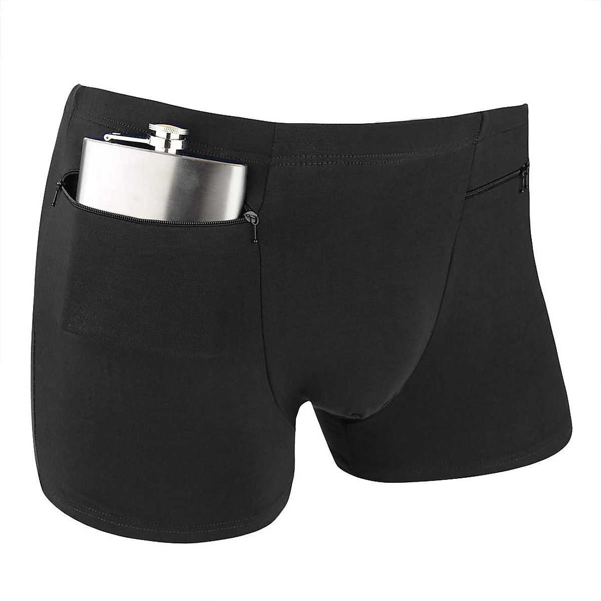 H&R Pocket Underwear for Men with Secret Hidden Pocket, Travel Stash Boxer Brief, Lager Size 2 Packs (Black)