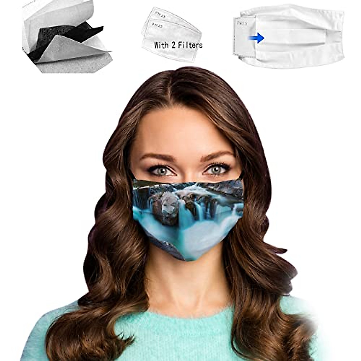 Fubido Landscape Fillter Cloth Face mask for women men,Waterfall Basalt Rocks Rural Park Nature Woods Photo Washable Reusable Windproof Mouth Anti Dust Double Protection Sky Blue Grey Green