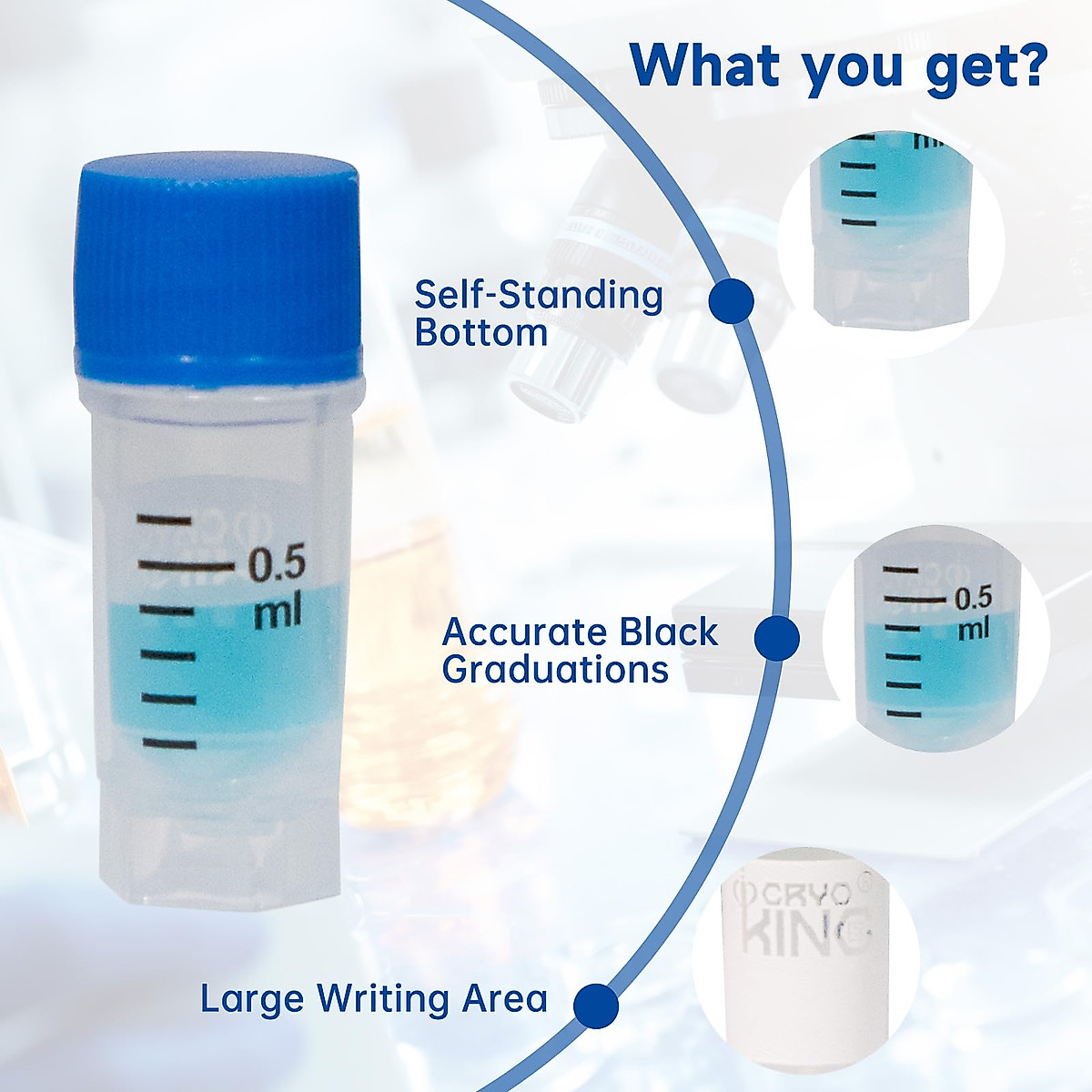 CryoKING 0.5ml Cryogenic Vials Sterile Vials with Blue Caps for Sample Collection and Storage (External Thread, Non-Barcoded), 1000 Pcs/Case