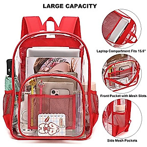 Dezcrab Clear Backpack School Backpack Bookbag for Girls Boys Women Men, Heavy Duty See Through Transparent Backpacks (Red)