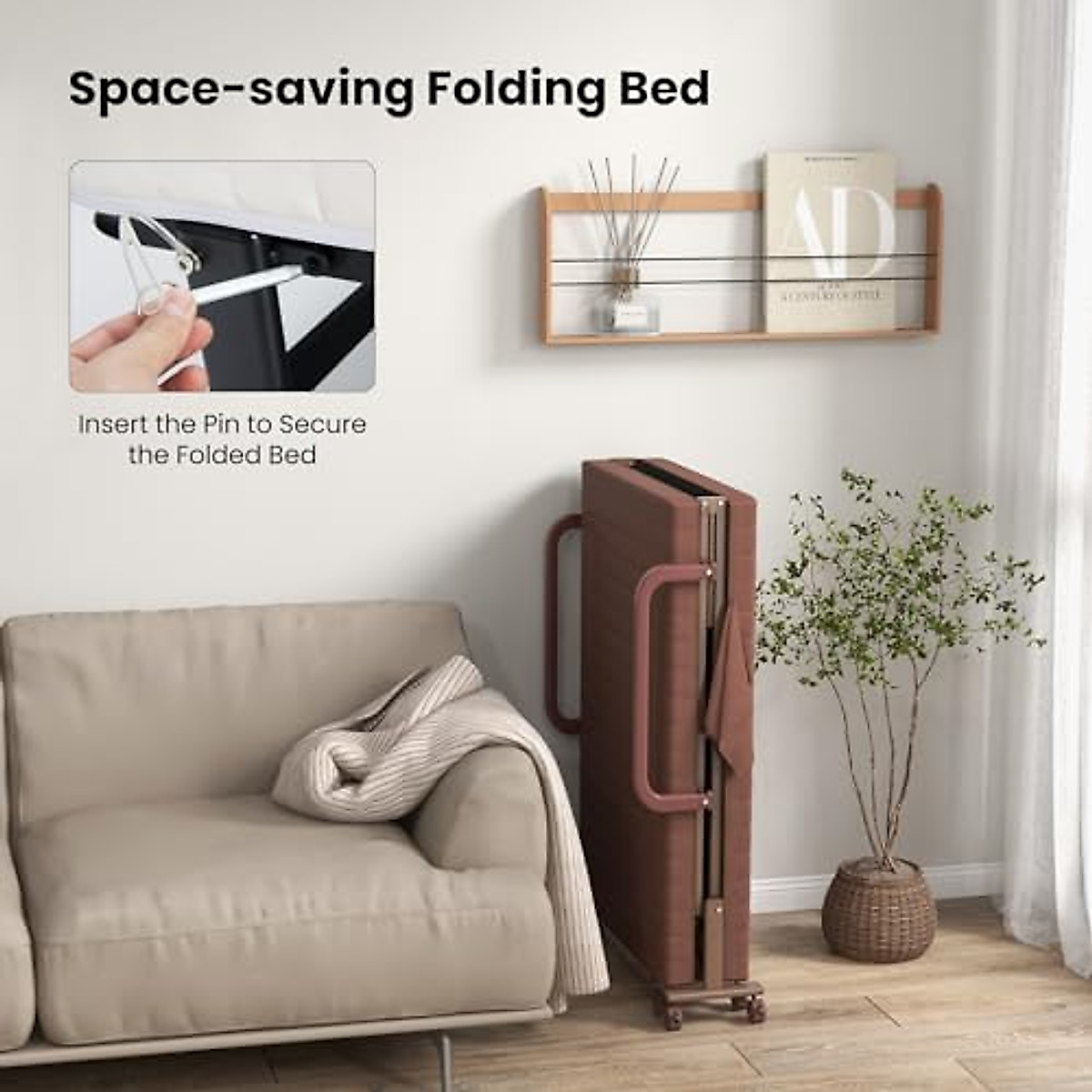 Giantex Folding Bed with Mattress, Foldable Portable Guest Bed w/Adjustable 6 Position & Side Storage Pocket, Fold up Bed on Wheels for Home, Roll Away Beds with Mattresses for Adults, Brown