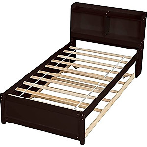 Harper & Bright Designs Twin Bed with Trundle, Twin Bed Frame with Bookcase Headboard, Wood Twin Platform Bed with Pull Out Trundle Bed for Kids Girls Boys,No Box Spring Needed,Espresso