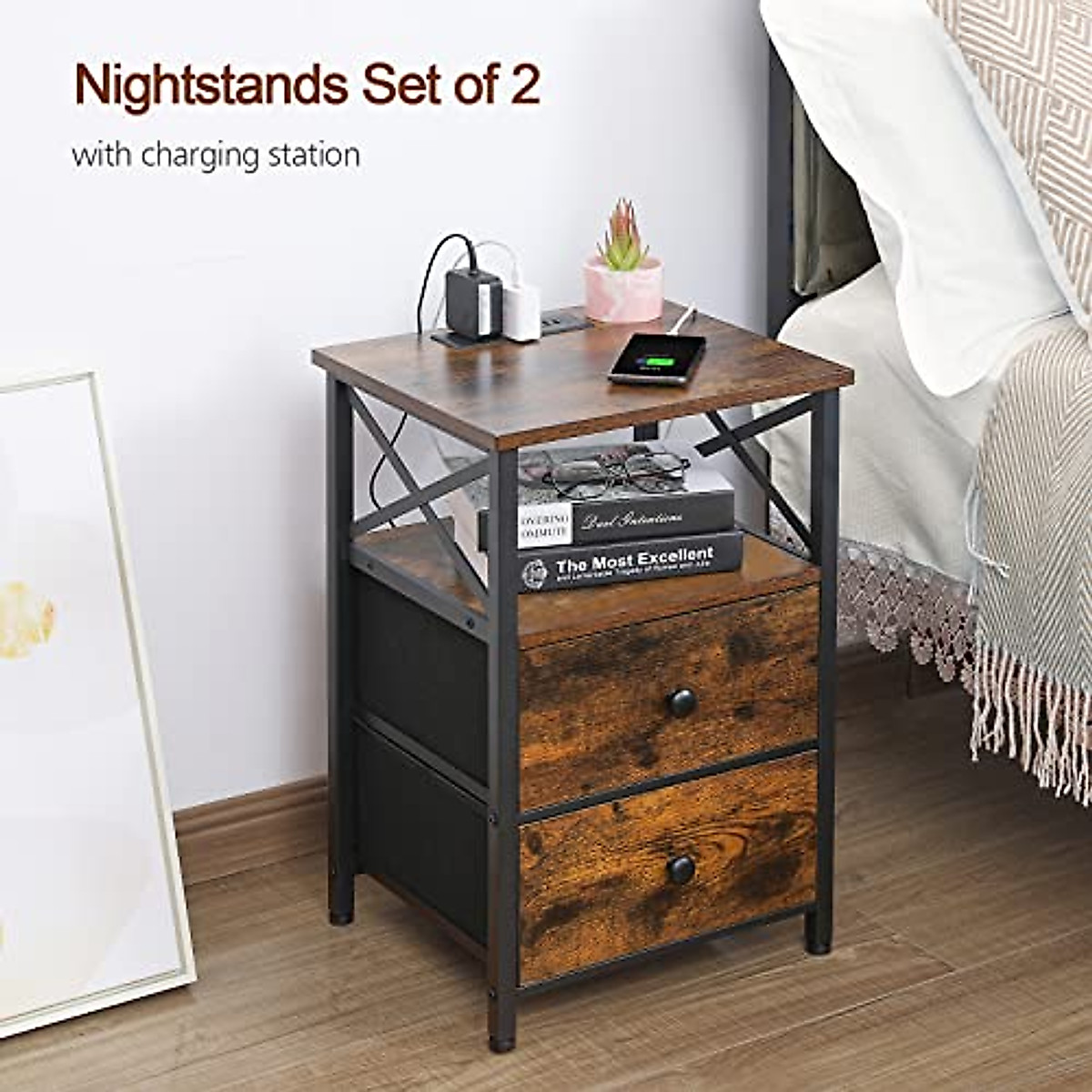 AMHANCIBLE End Table Living Room with Charging Station, Side Table with Fabric Drawer, Small Side Table with USB Ports and Outlets for Small Spaces Rustic Brown and Black HET05XBR1