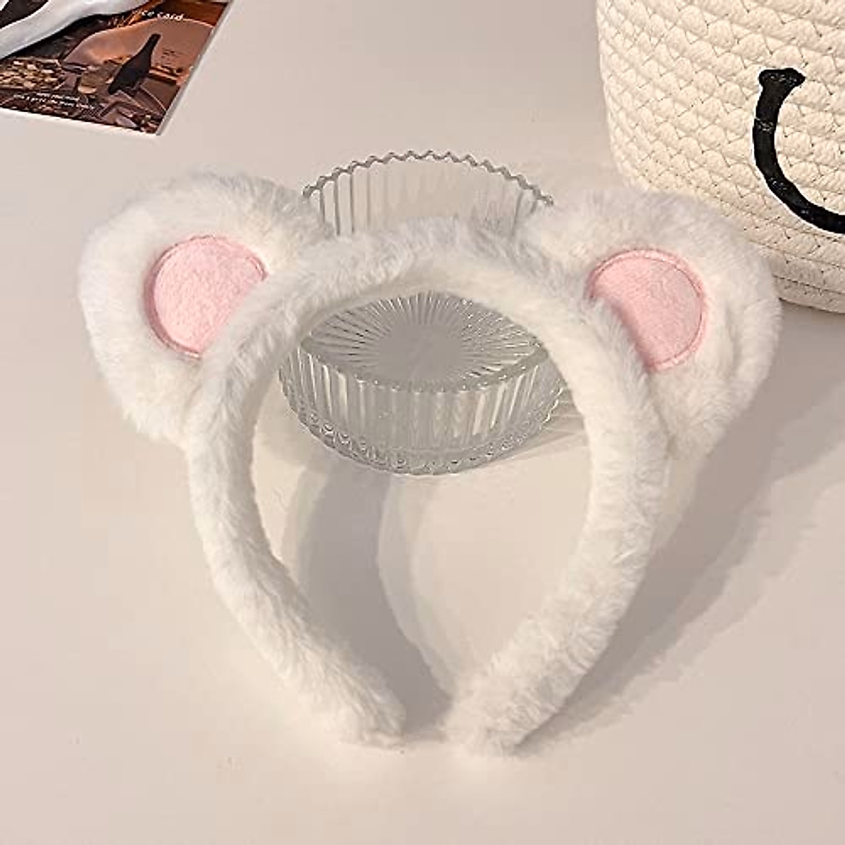 BYBYCD Plush Bear Ear Headband Hair Hoop Head Wrap Wash Face Non Slip Hairbands For Girls Women(white&pink)