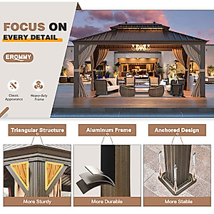 EROMMY 12'x16' Hardtop Gazebo Double Roof Galvanized Steel Canopy Outdoor Aluminum Frame Permanent Metal Pavilion with Netting and Curtains for Patio Backyard Deck and Lawns