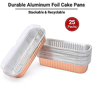 Suice Disposable Mini Cake Pans with Lids 6.5"x2.5"x1.2", 25pcs Aluminum Baking Cups Small Cupcake Pans 6.8Oz, Individual Dessert Pans Rose Gold Disposable Ramekins for Cheesecake, Creme Brule,Cupcake