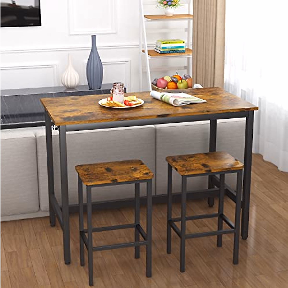 Lamerge 47.2" Bar Table Set,Pub Heigh Table with 2 Square Stools,Dining Table Set,Kitchen Counter with Bar Chairs,for Kitchen, Living Room/Sofaside,Small Space,Rustic Brown and Black