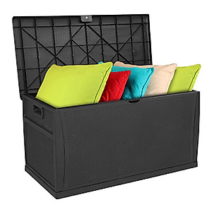 VINGLI 120 Gallon Large Deck Box Outdoor Storage Box with Lid, Plastic Patio Furniture Container Bin Rattan Grain Surface for Cushions Books Garden Tools Pool Accessories (Grey)