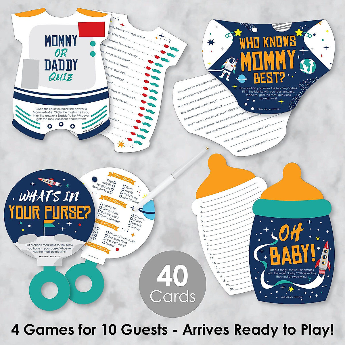 Big Dot of Happiness Blast Off to Outer Space - 4 Rocket Ship Baby Shower Games - 10 Cards Each - Gamerific Bundle