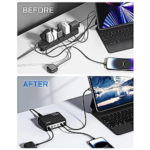 USB C Charging Station, 100W GaN 6 Port Charging Hub for Multiple Devices with PD3.0 and QC3.0 Fast Charging Stock, Power Strip for iPhone, iPad Air/Pro, Galaxy- Black